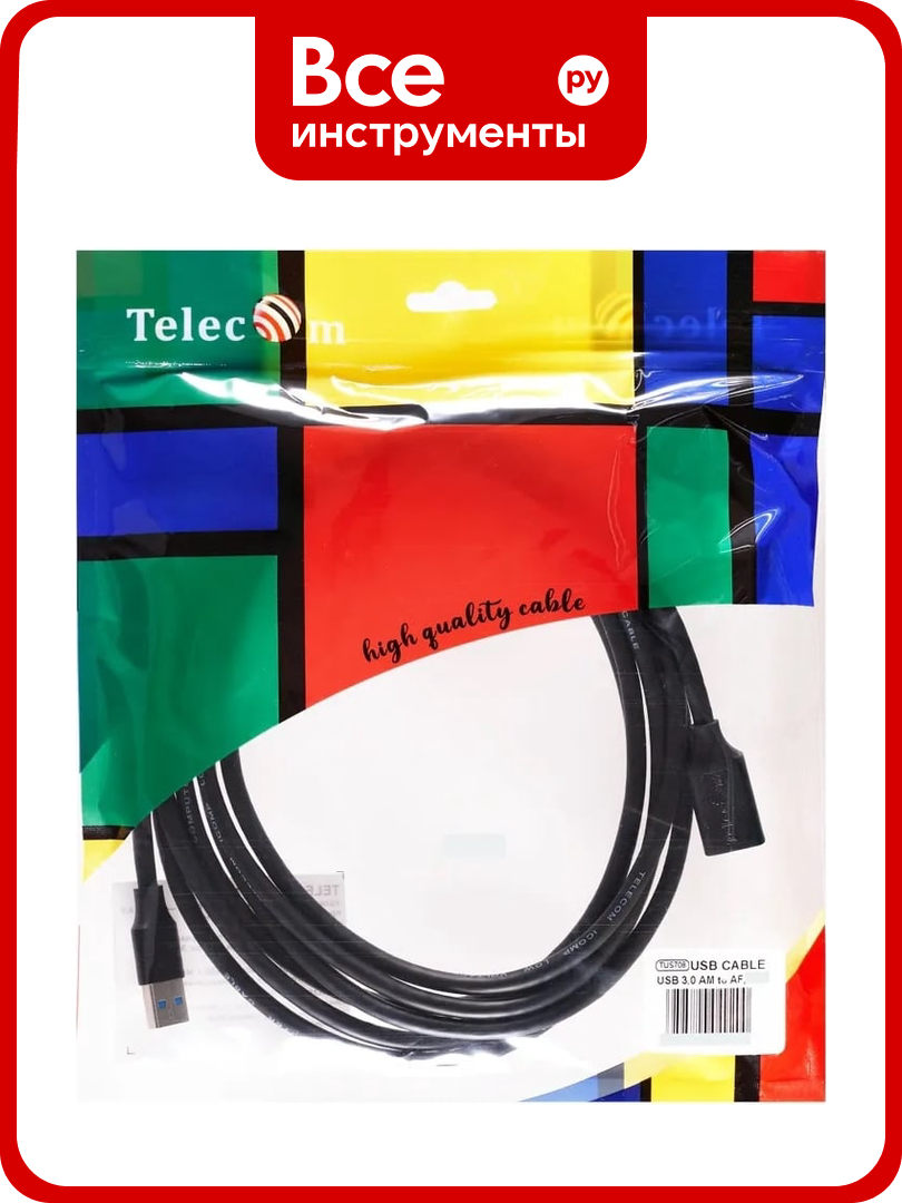 Удлинительный кабель Telecom USB 3.0 AM‑AF черный, двойной разъём, круглая форма, оболочка из ПВХ, модель