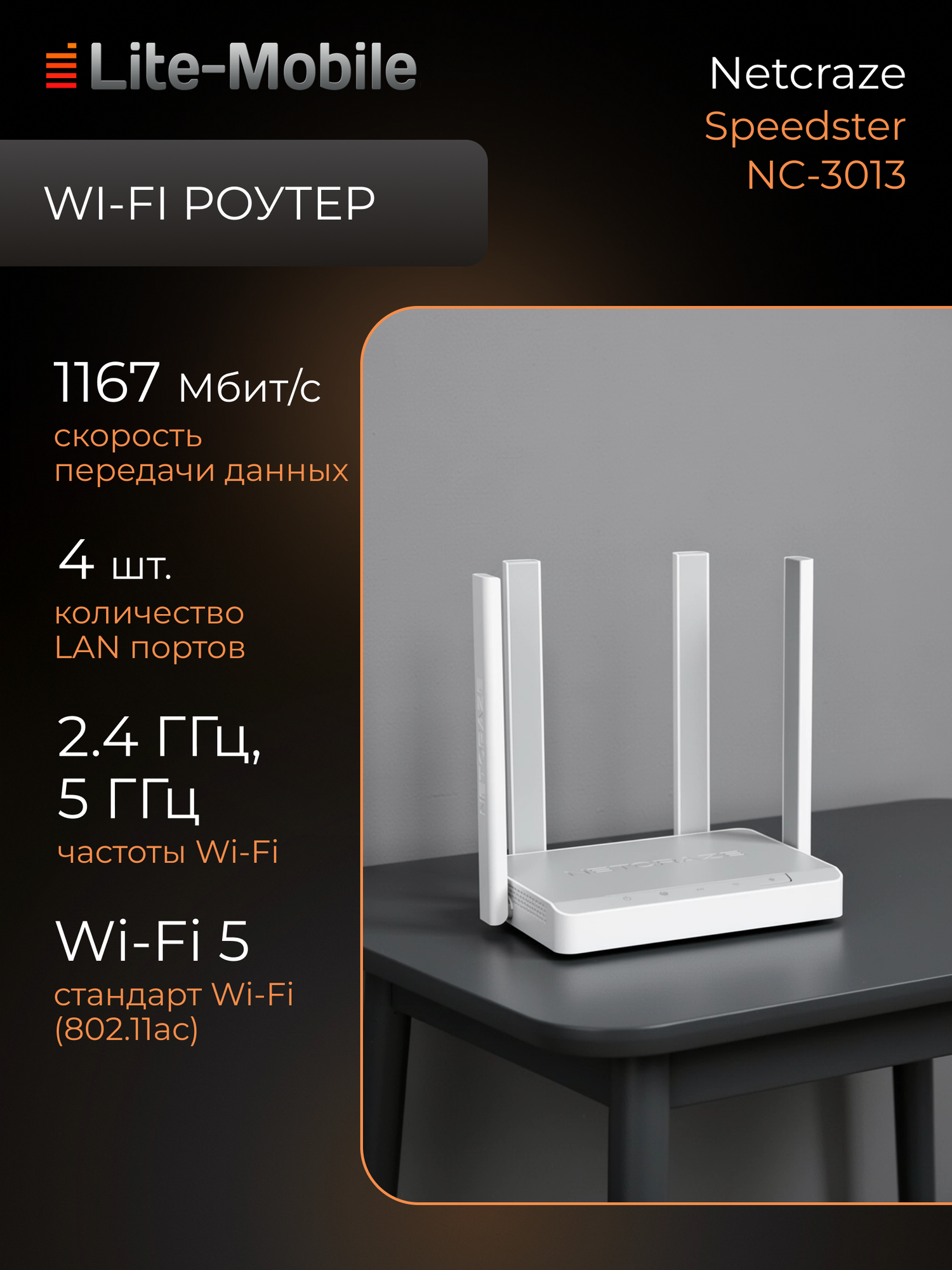 Wi-Fi роутер Netcraze Speedster NC-3013, двухдиапазонный, Mesh, белый