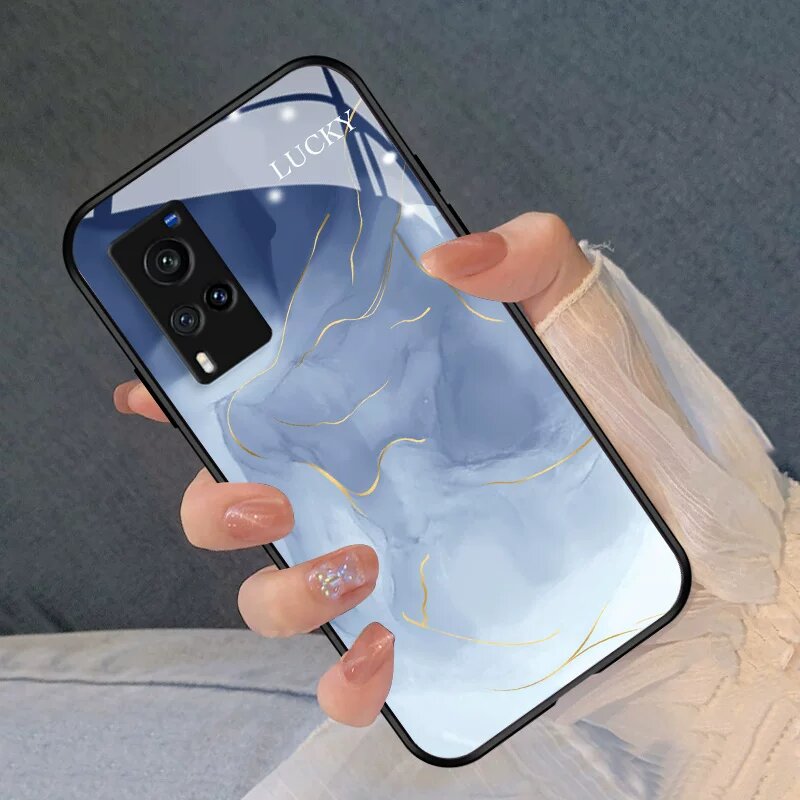 Vivo X70 Золотая Фольга Синий Чехол с Антицарапным Стеклом
