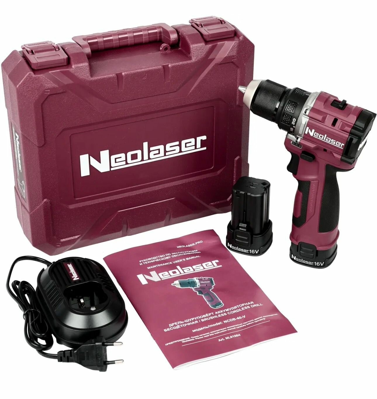 Дрель-шуруповерт аккумуляторная бесщеточная Neolaser NCDB40V, 16 В Li-ion 2x2 Ач