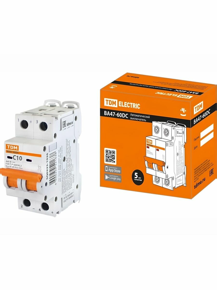 Автоматический выключатель TDM ELECTRIC ВА47-60DC 2P 10А 6кА характеристика С SQ0223-1026