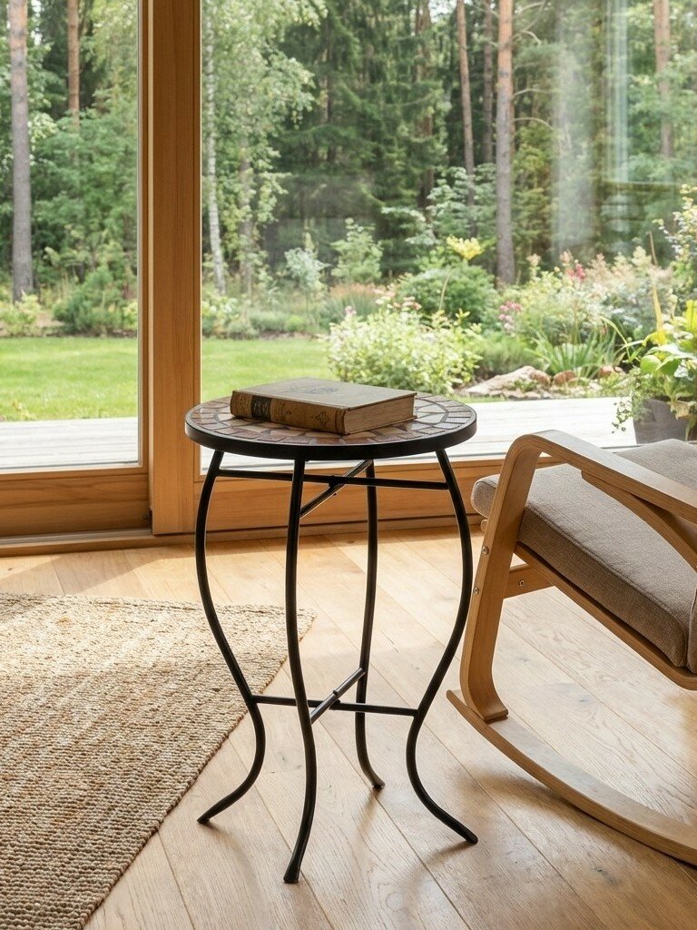 Столик садовый круглый TetChair, коричневая мозаика, черный металлический