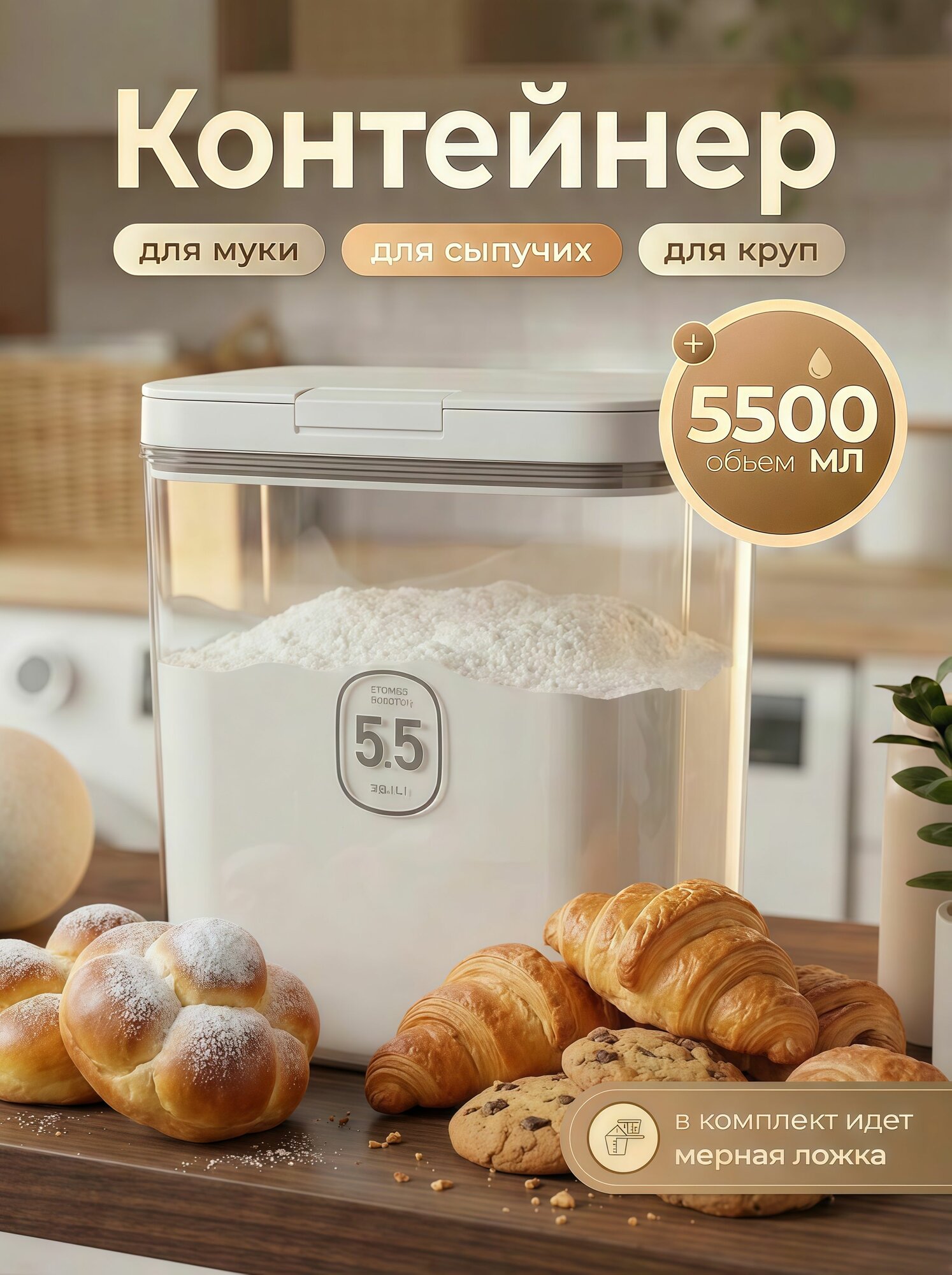 Контейнер для муки, диспенсер для сыпучих продуктов