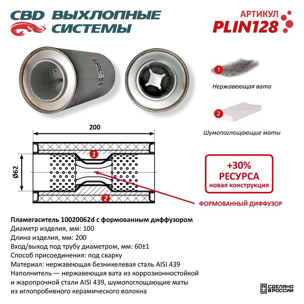 Пламегаситель 10020062d с перфорированным диффузором, из Нерж. стали. CBD. PLIN128