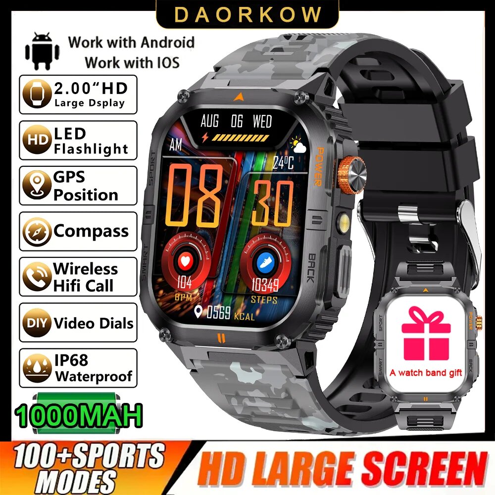 Военные смарт-часы 2026 IP68 с фонариком Black sports