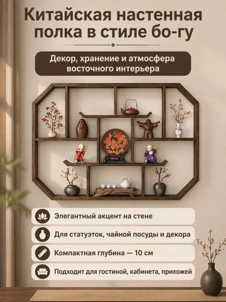 Китайская настенная полка в стиле бо-гу, 60х10х40 см, массив дерева, 1 шт.