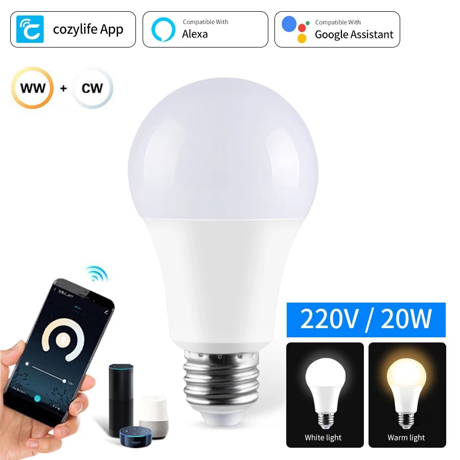 Умная Wi-Fi LED-лампа E27 Cozylife С Регулировкой Яркости, Совместимая С Alexa И Google Home Для Умного Дома, 220В, В Форме Шара