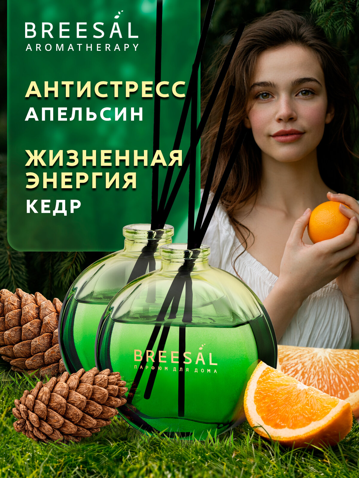 Breesal Диффузор для дома, ароматизатор с палочками : Антистресс ( апельсин ) и Кедр, 70 мл 2 шт