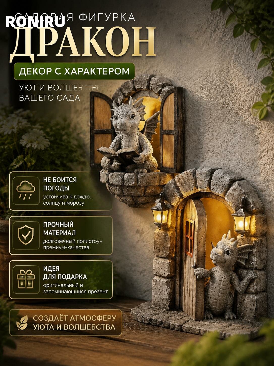 Фигурка садовая дракон, читающий книгу — оригинальный декор для сада и дворика, компактный погодоустойчивый акцент