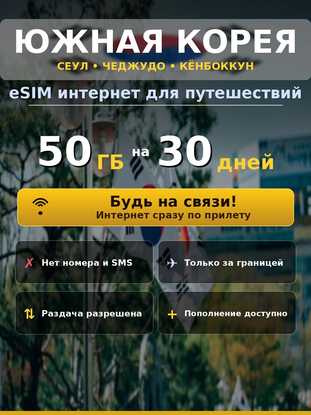 ESIM Южная Корея — мобильный интернет 50 ГБ на 30 дней | виртуальная SIM-карта для путешествий