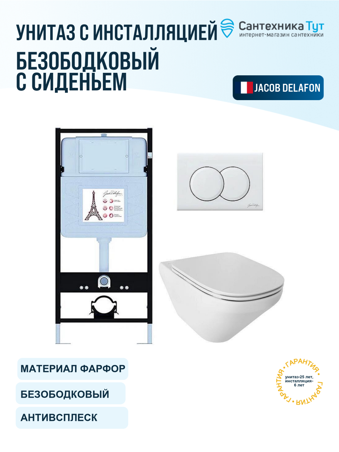 Инсталляция с унитазом комплект Jacob Delafon Modern Life E21775RU-00 белый, с сиденьем микролифт и белой кнопкой смыва