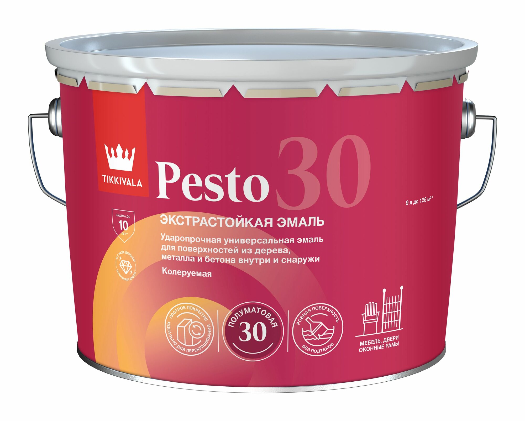 Эмаль Tikkurila Pesto 30, Белая, 9л, полуматовая, стойкая универсальная, стены, потолки, двери и окна, база А