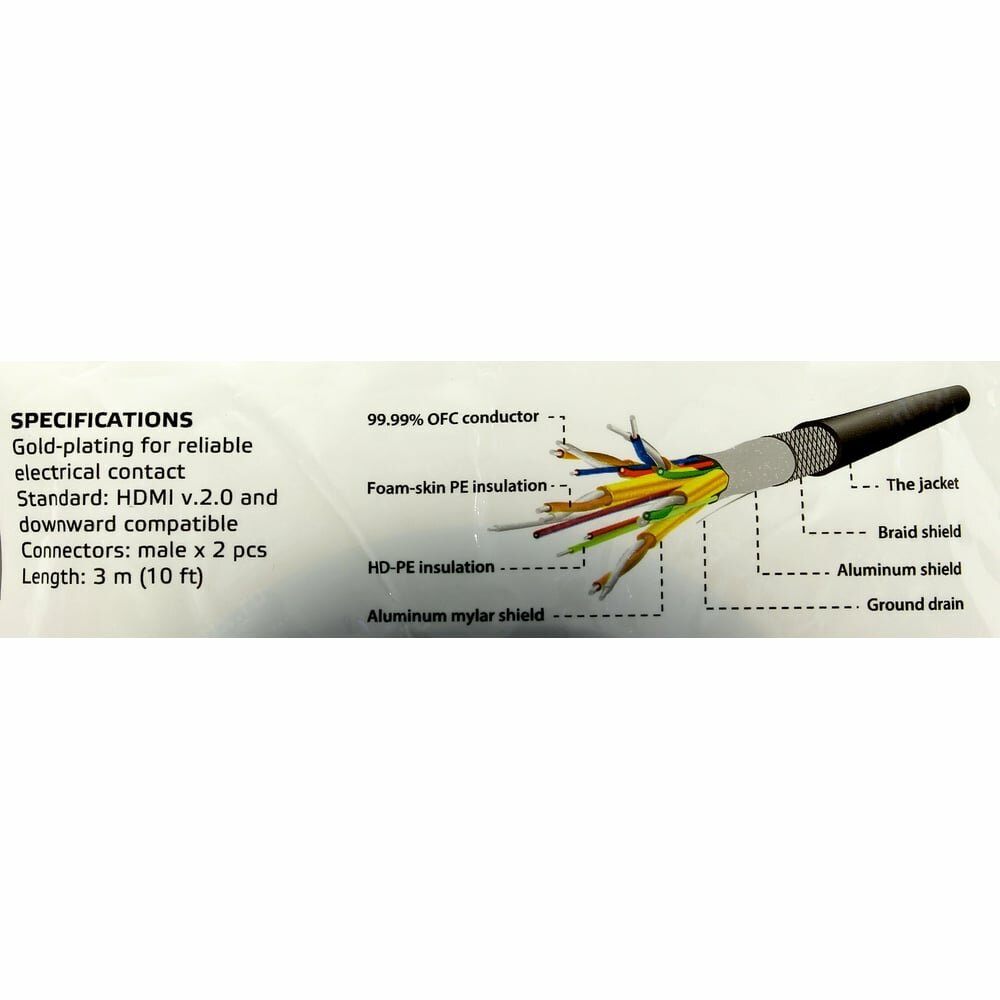 Кабель Cablexpert HDMI v2.0, 19M/19M, 3.0м, медь, черный, позолоченные разъемы, экран, пакет CC-HDMI4-10 — фото 1
