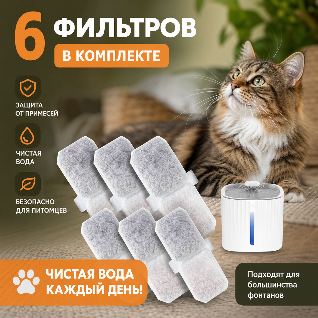 Автоматическая поилка-фонтан для питомцев, белый, фильтр с активированным углем