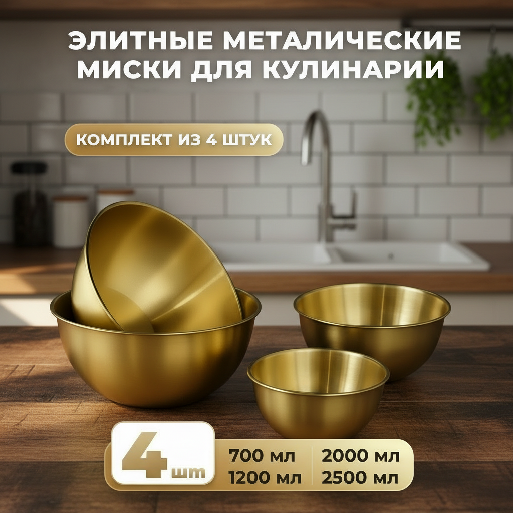 Подарочный набор мисок Shiny Kitchen золото 4 штуки 2 5 л нержавейка