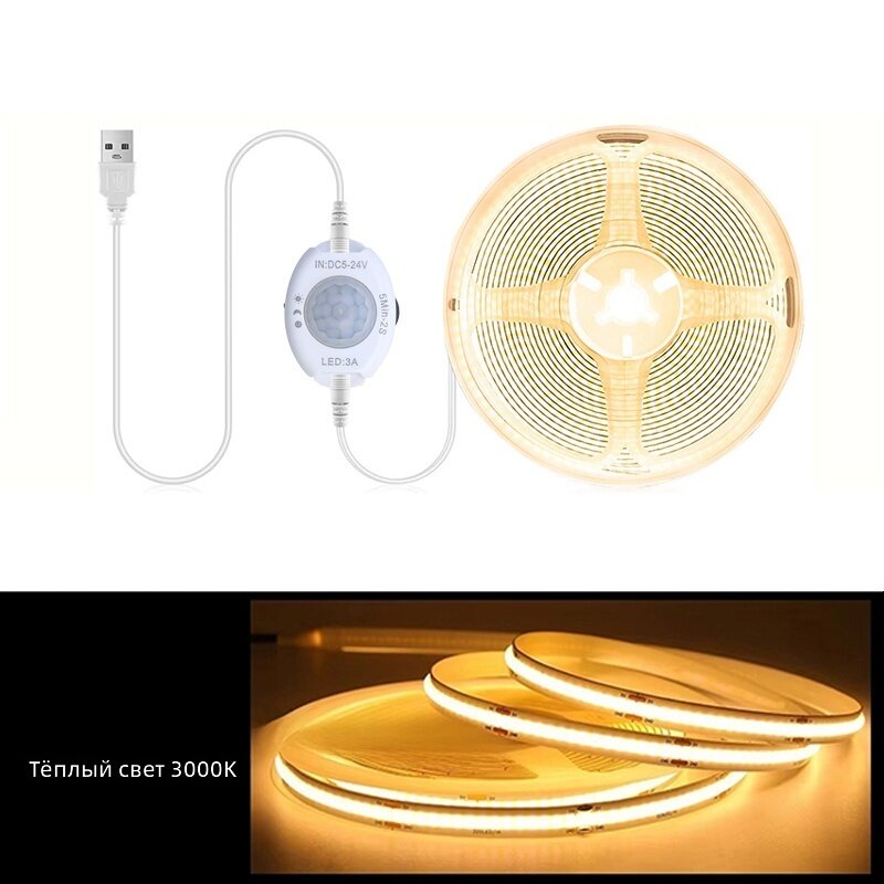 LED-лента с датчиком движения PIR, USB 5V, тёплый свет, 1 м (39,37 дюйма), угол обнаружения 120°, регулируемая длительность, для шкафа, тумбы, под кровать, ночная подсветка и декор