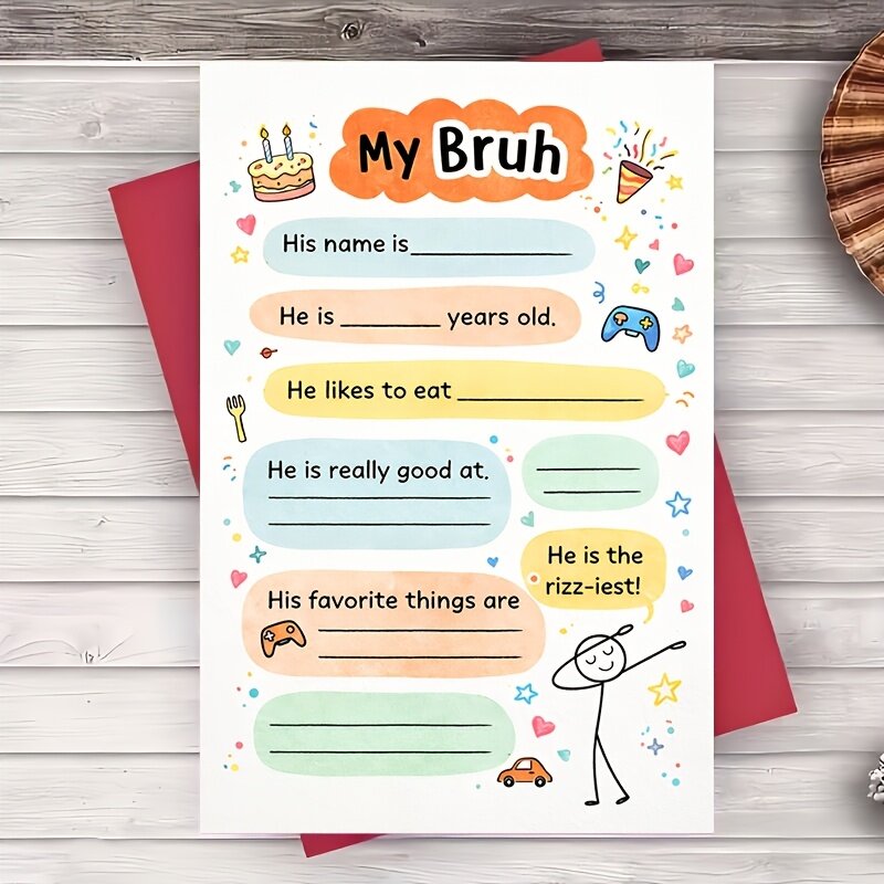 Поздравительная открытка "My Bruh" с заполняемым текстом и красный конверт, смешная открытка на день рождения для друга, подарок для геймера