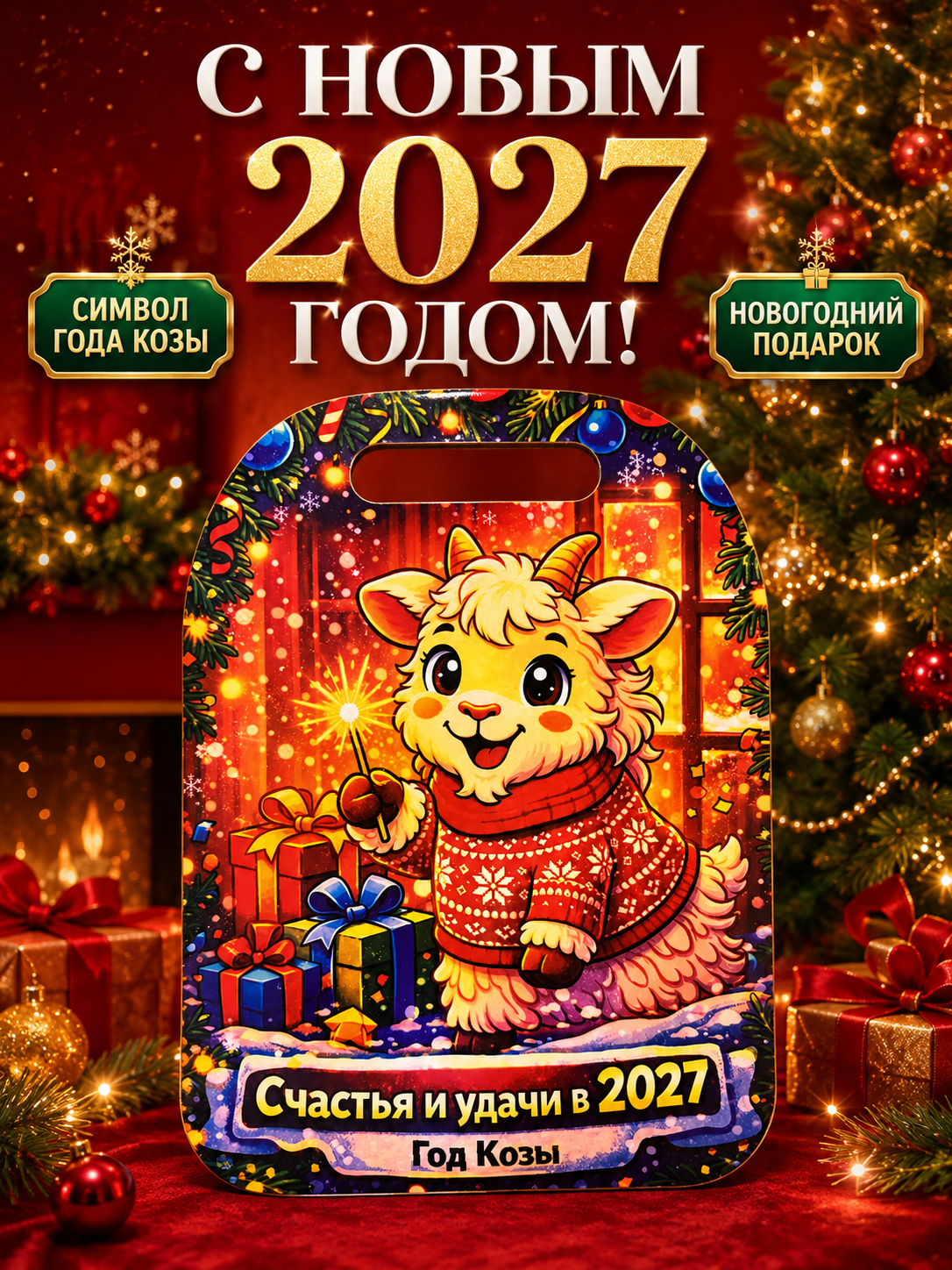 Разделочная доска "Год Козы 2027", березовая фанера, 20см х 29см