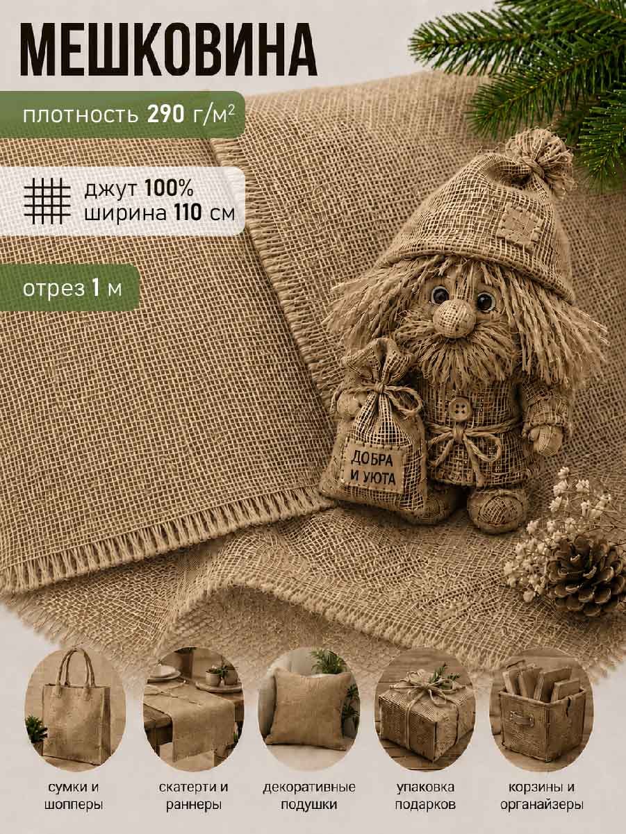 Мешковина 290 г/м2 джутовая ткань упаковочная для рукоделия, укрытия растений и декора 1х1,1м