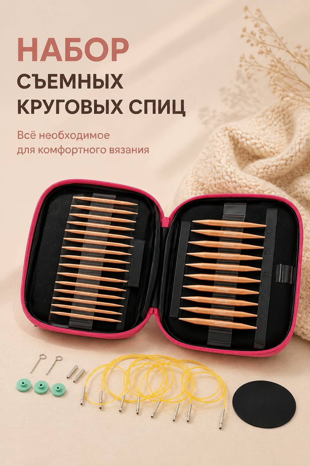 Набор съемных круговых спиц для вязания, алюминий, 20 см, 12 размеров