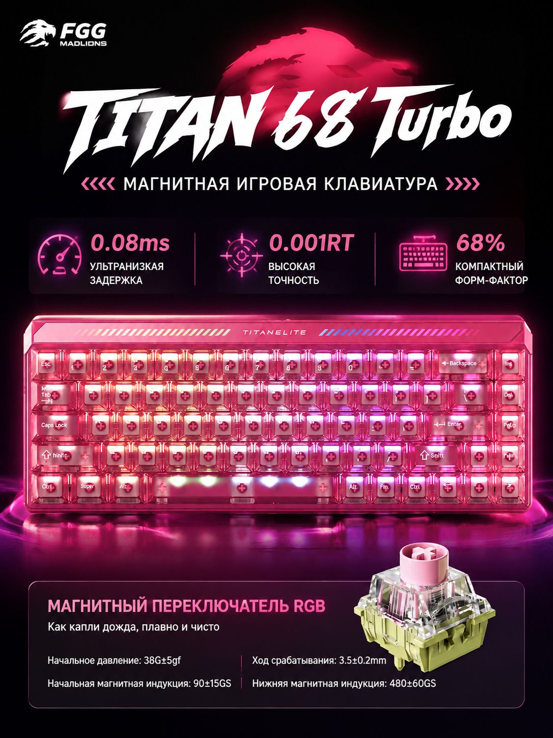 Клавиатура MAD CATZ TITAN68 Turbo магнитная 68 клавиш 8 кГц 0.001 мм RGB
