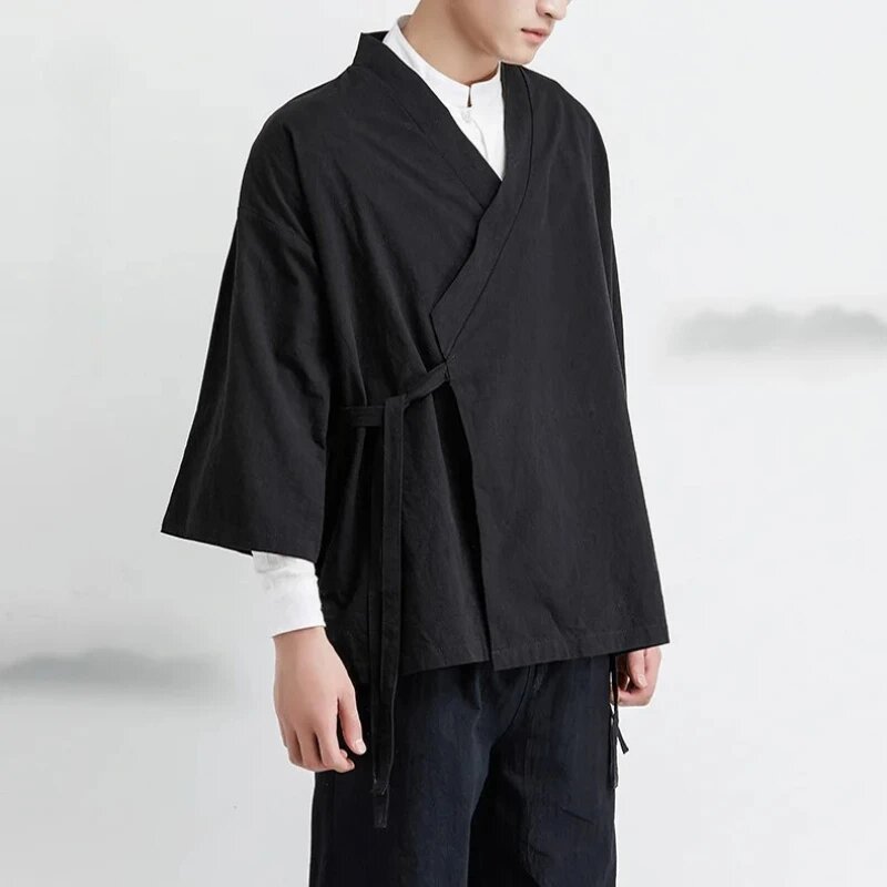 Женский японский хаори-юката из хлопка и льна Черный, M, Black Cardigan
