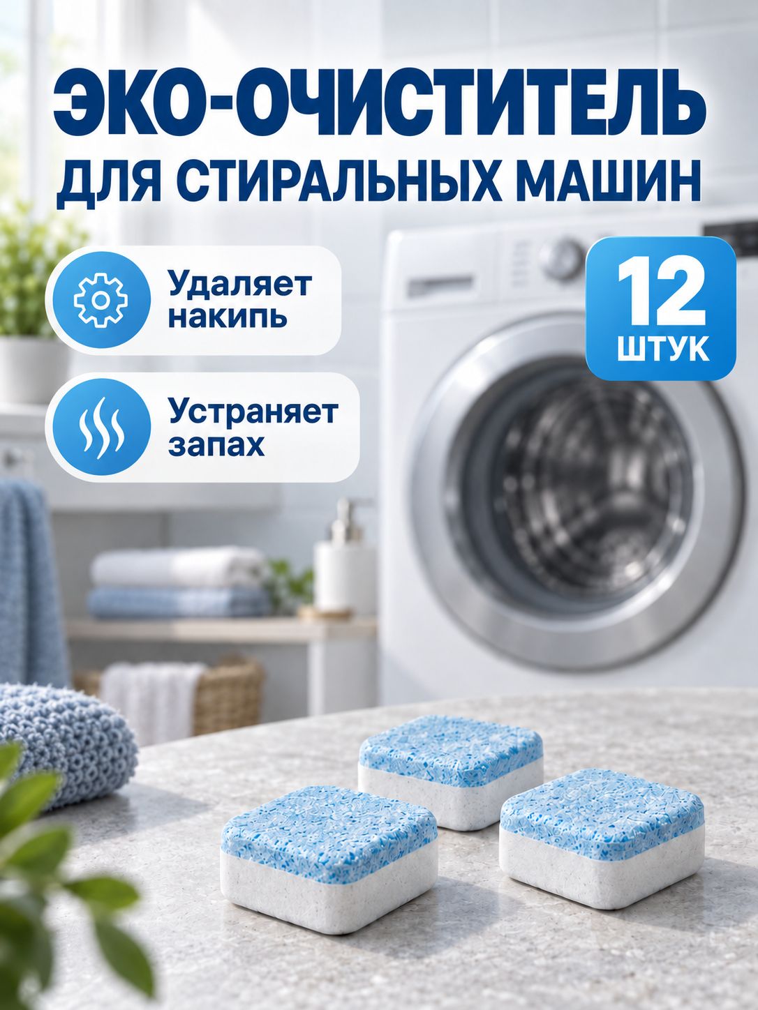Таблетки для очистки стиральной машины 12 шт. Очиститель для стиральных машин от накипи, запаха и загрязнений. Регулярный профилактический уход.