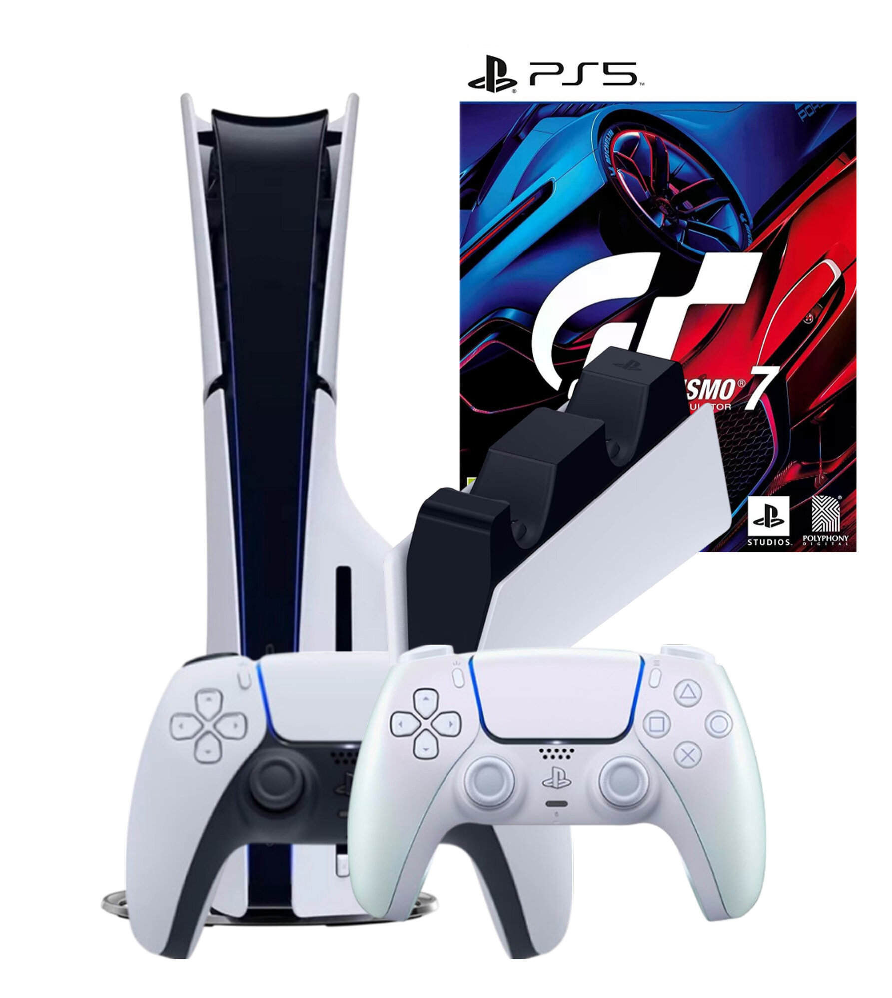 Игровая приставка PlayStation 5 Slim Disk + Gran Turismo 7+Dualsense Charging Station+DualSense PS5 Chrome Pearl