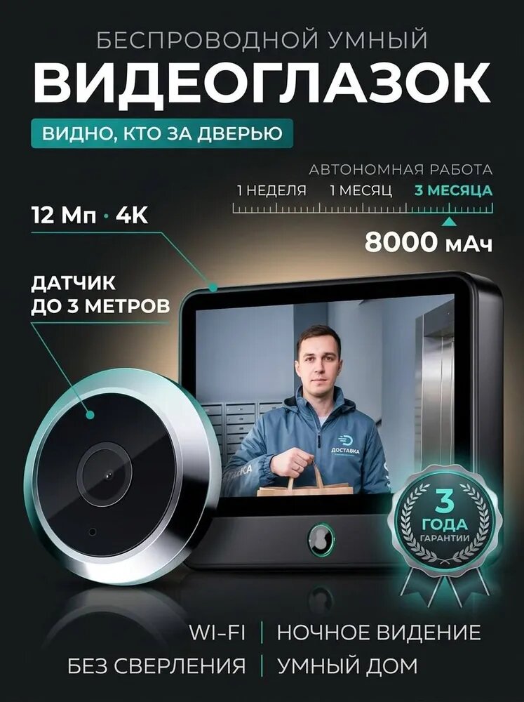 Видеоглазок для входной двери с монитором, WiFi с записью и датчиком движения, с ночным видением