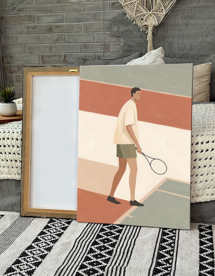 Картина на холсте (теннисист с ракеткой на корте в минималистичном стиле и теплой пастельной палитре) 50x70 см. Интерьерная на стену. Украшени