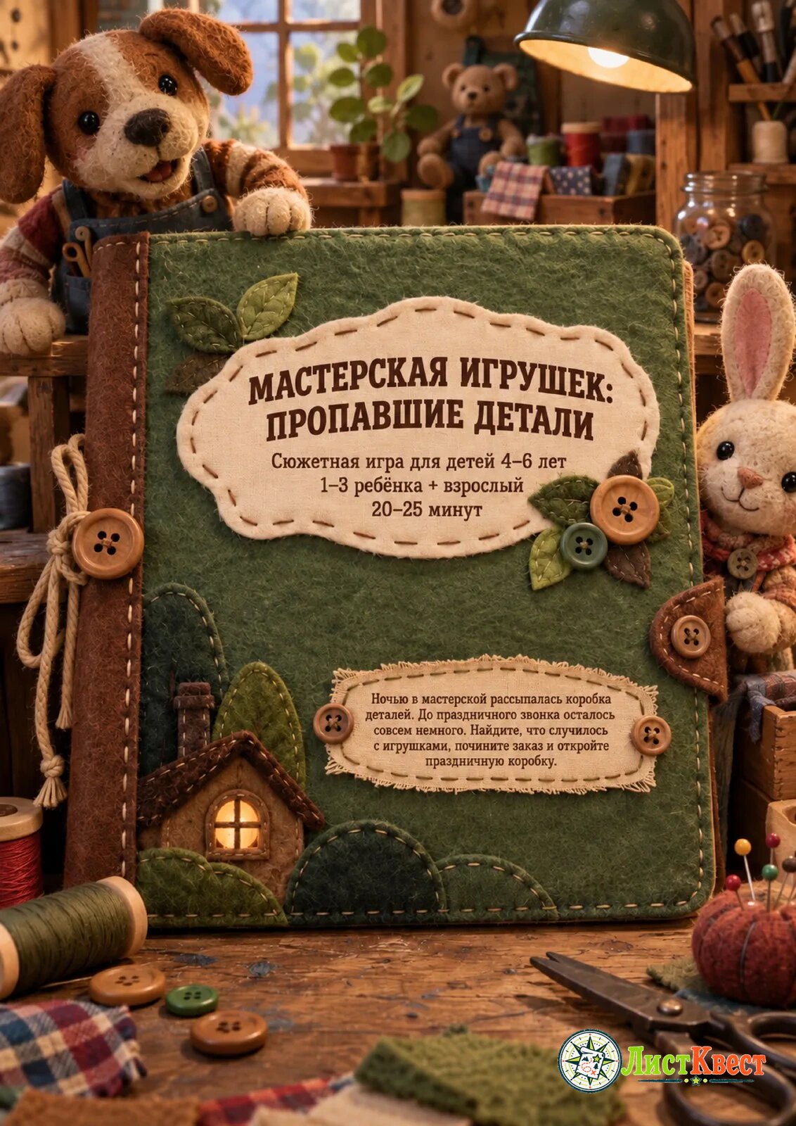 Квест «Мастерская игрушек: пропавшие детали» — цветной PDF-комплект для домашней печати