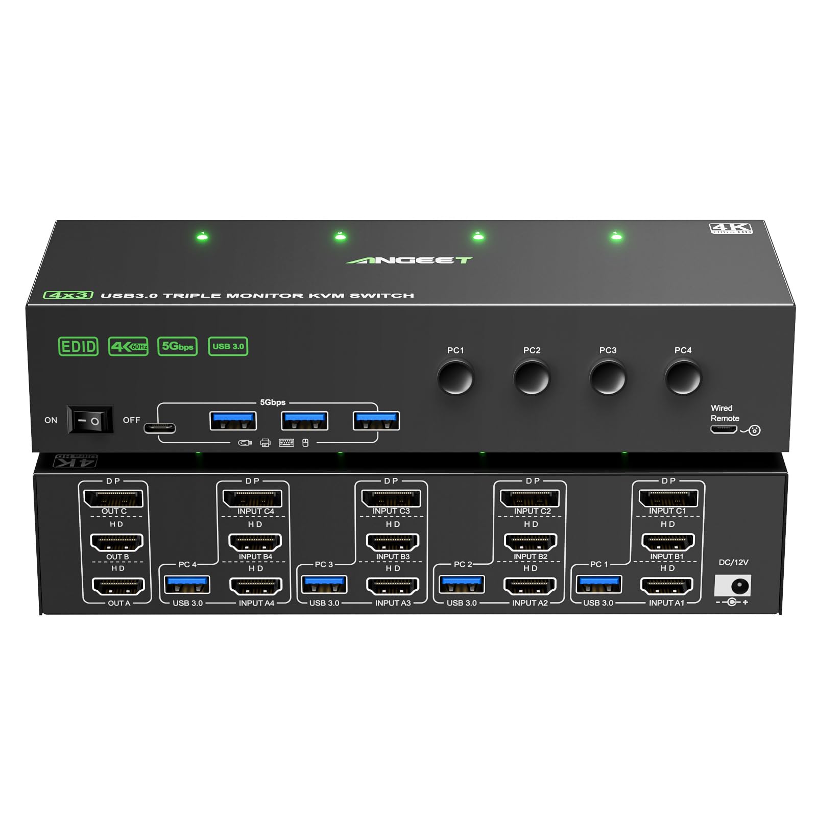 KVM Switch 3 Мониторы 4 Компьютеры 4K@60Hz , Моделирование EDID,