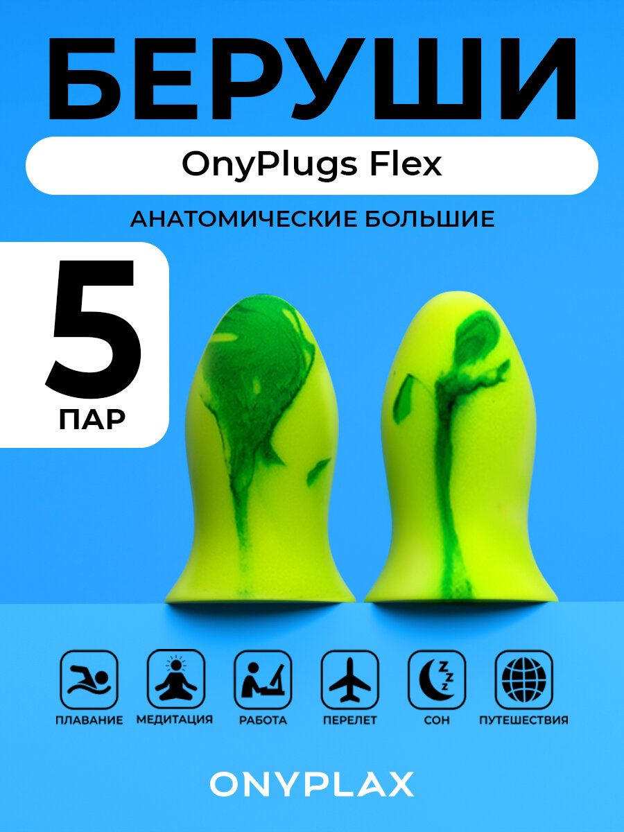 Беруши для сна Onyplax, многоразовые, пористые анатомические с кейсом 5 пар