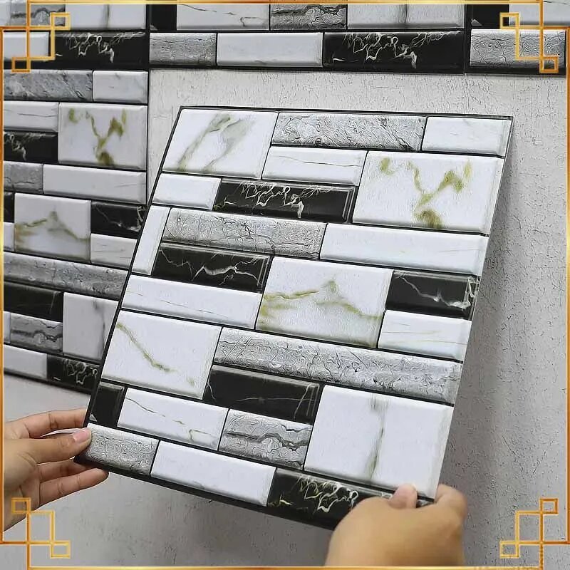 Стеновая панель 3D 300x300 мм для стен, ПВХ самоклеящаяся, белый/черный, влагостойкая