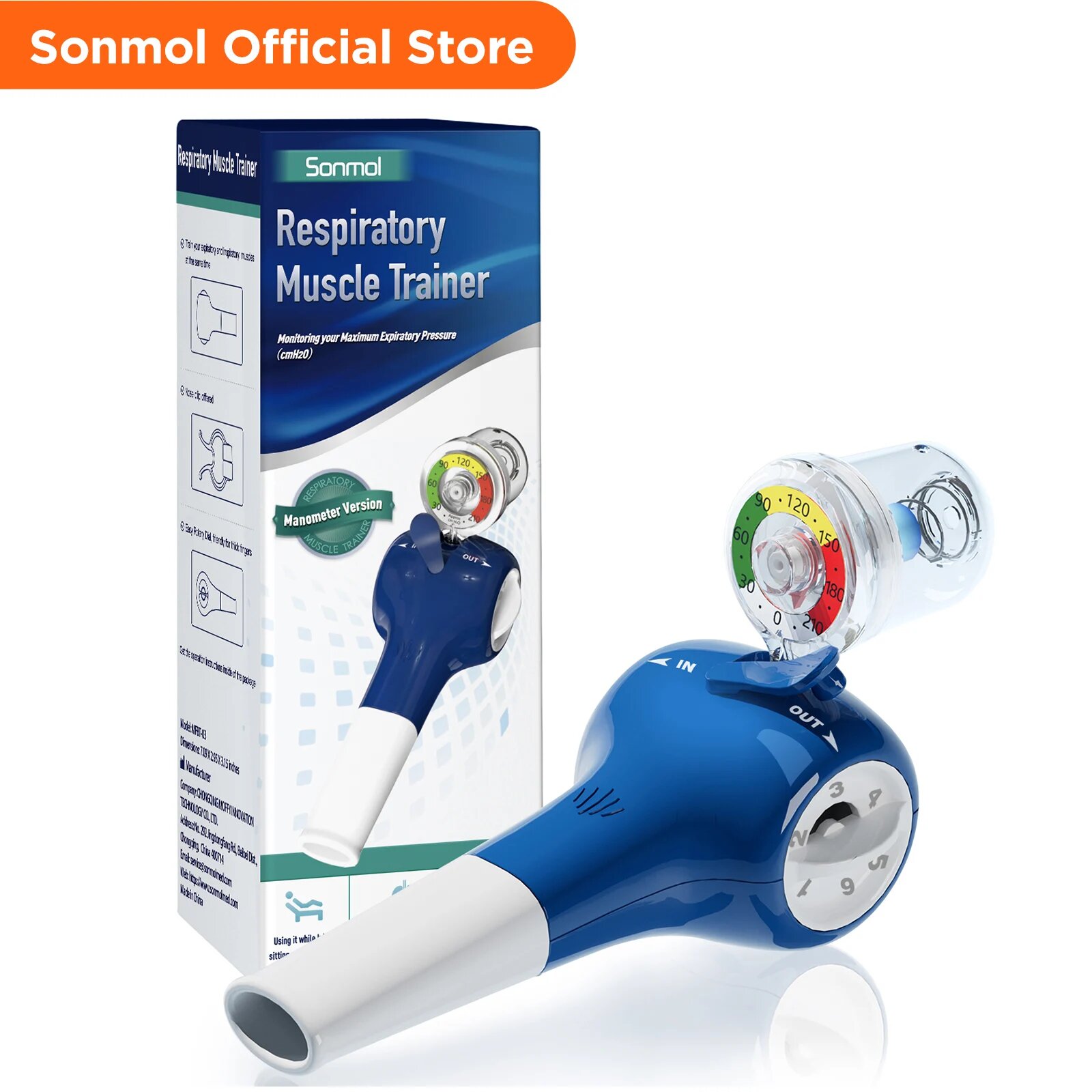 Тренажер для дыхания Sonmol с манометром для тренировки дыхательных мышц, инспираторно-экспираторный эспандер