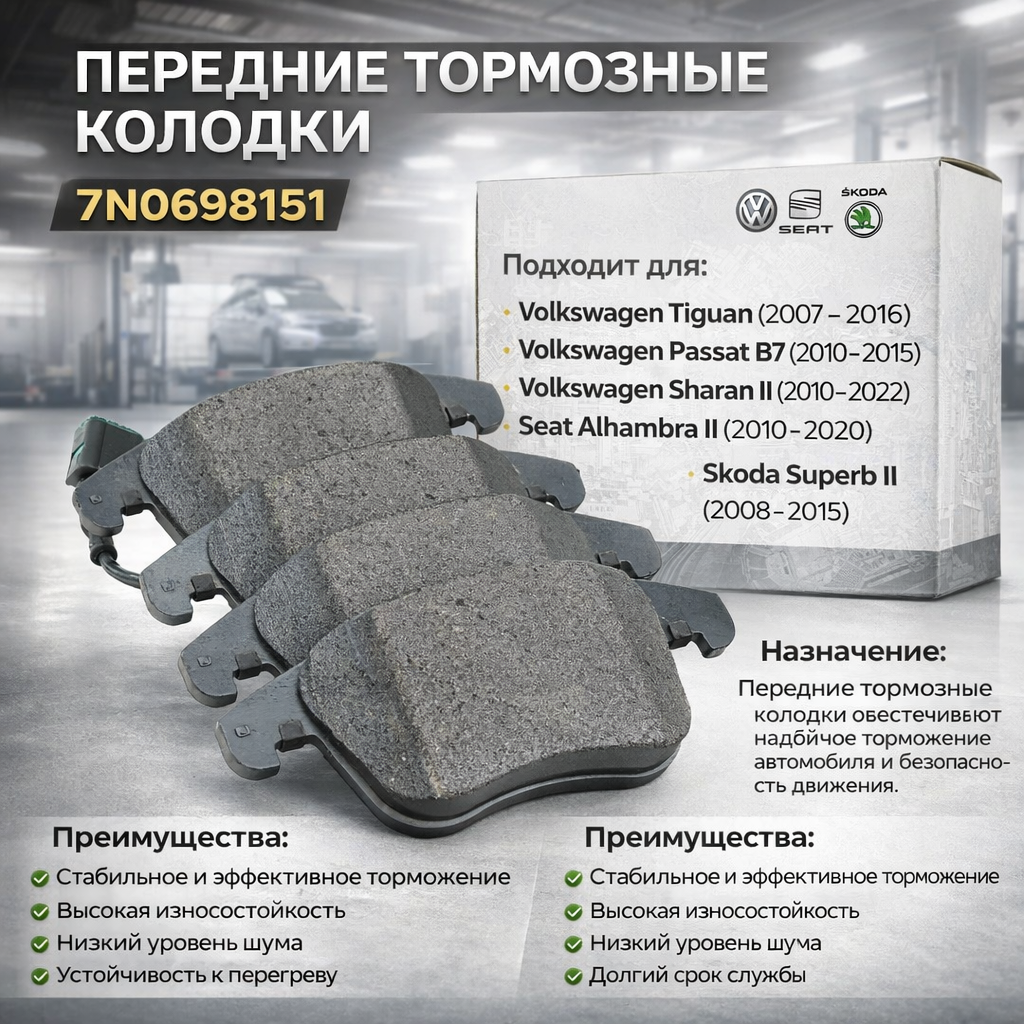 Тормозные колодки передние 7N0698151 Volkswagen Tiguan, Passat B7, Sharan, Seat Alhambra, Skoda Superb