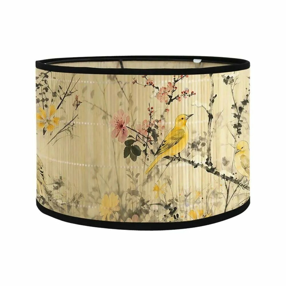 Съемный абажур с бамбуковым плетением, с изображением цветов и птиц / Аксессуар для лампы E27 / Рассеиватель света для настольной лампы бочкообразной формы