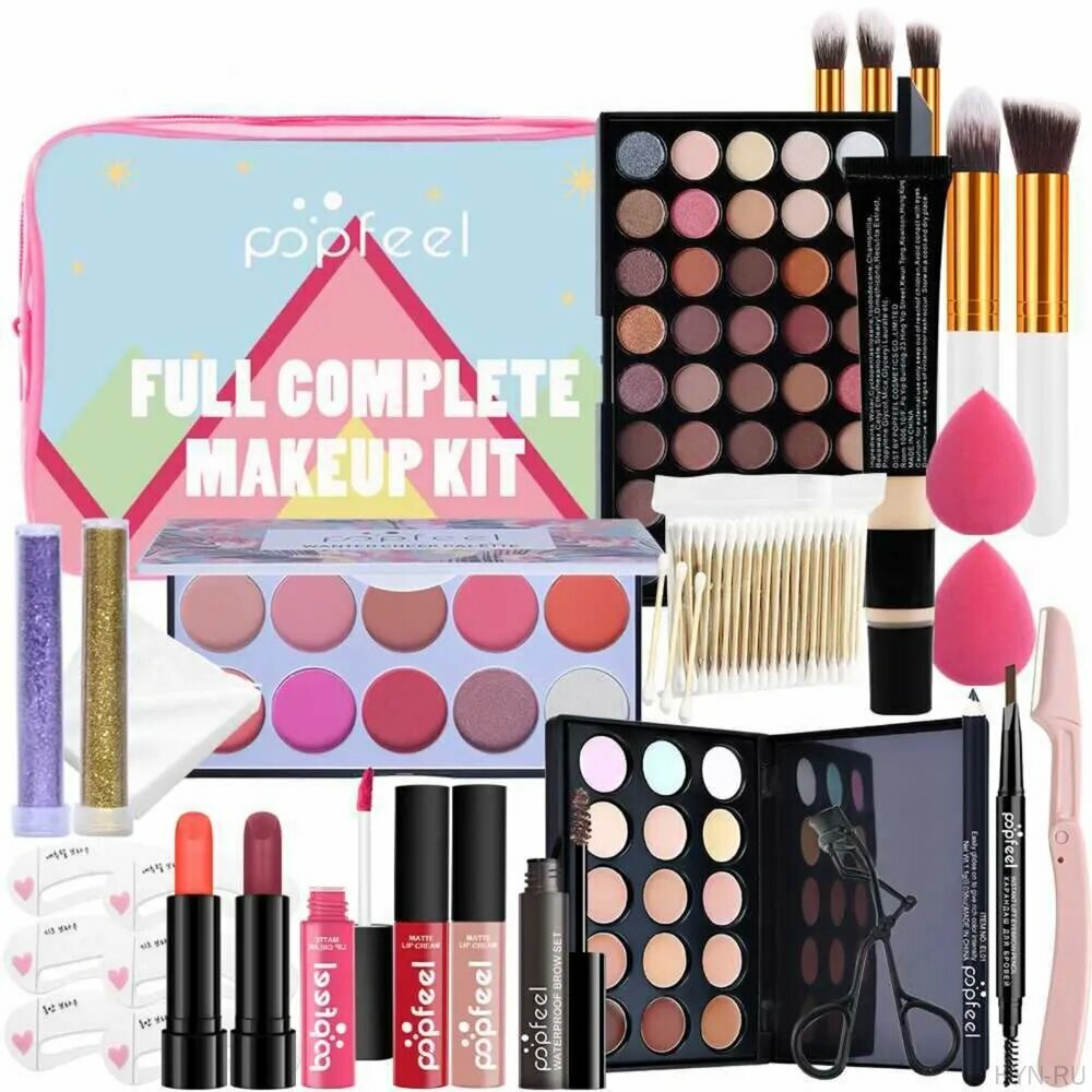Набор косметики для начинающих: теней, консилеров, румян, кистей полный комплект все в одном для идеального, повседневного, легкого макияжа, косметичка для путешествий и студентов