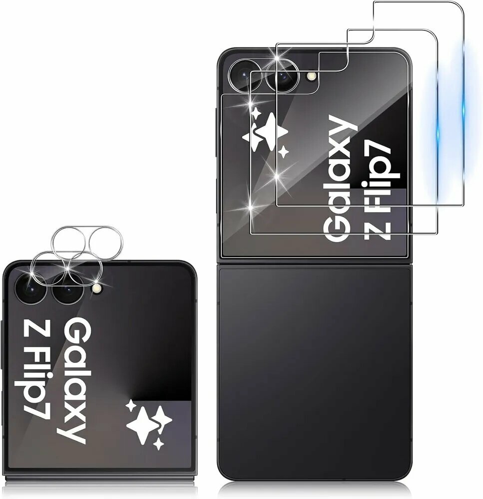 Закаленное стекло для Samsung Galaxy Z Flip 7 / Z Flip7 с защитной пленкой для задней камеры 2+2 шт, без пузырьков, 9h HD, сверхпрочная защитная пленка из закаленного стекла