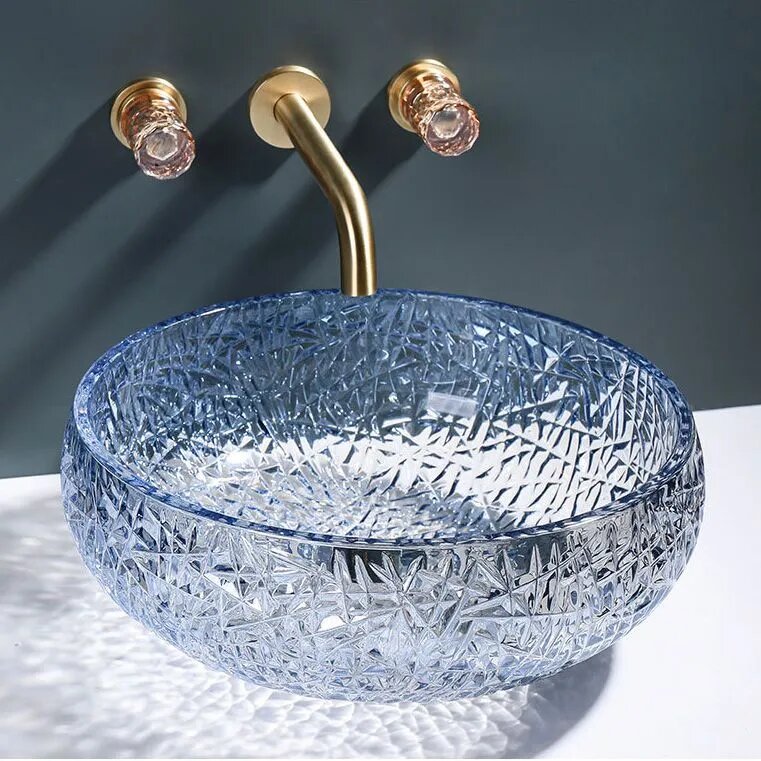 Стеклянная круглая раковина голубого цвета для ванной комнаты, отелей. Диаметр слива 41мм