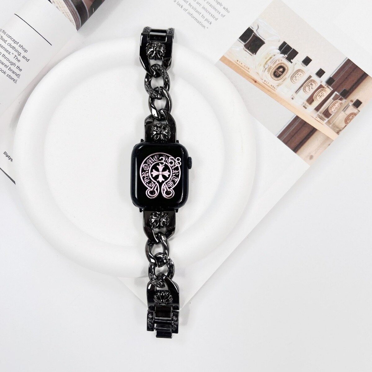 Подходит для Apple Watch, Chrome Hearts Cross, однорядная джинсовая цепочка, металлический ремешок для часов iWatch 7/8/9.
