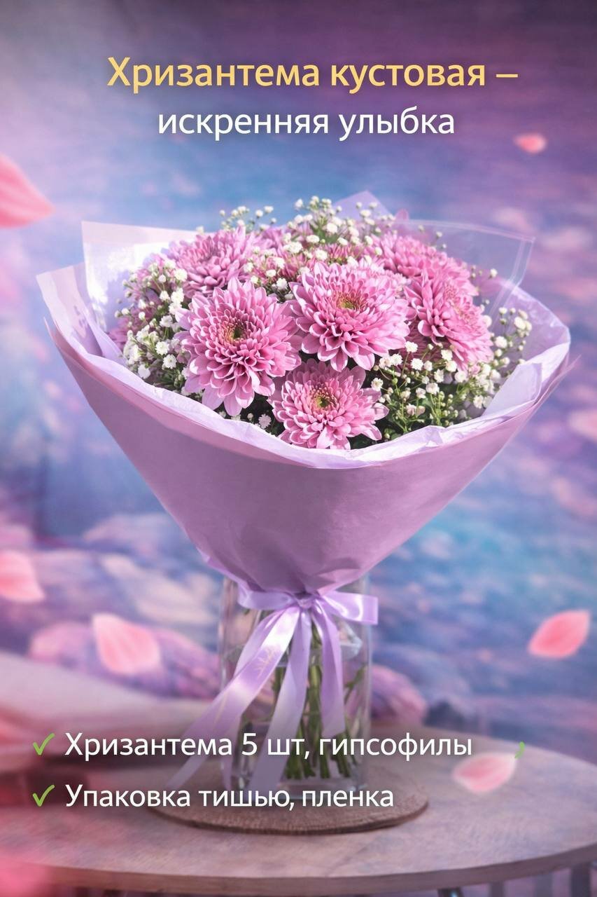 Хризантема кустовая - 5 шт , гипсофилы Упаковка тишью, пленка