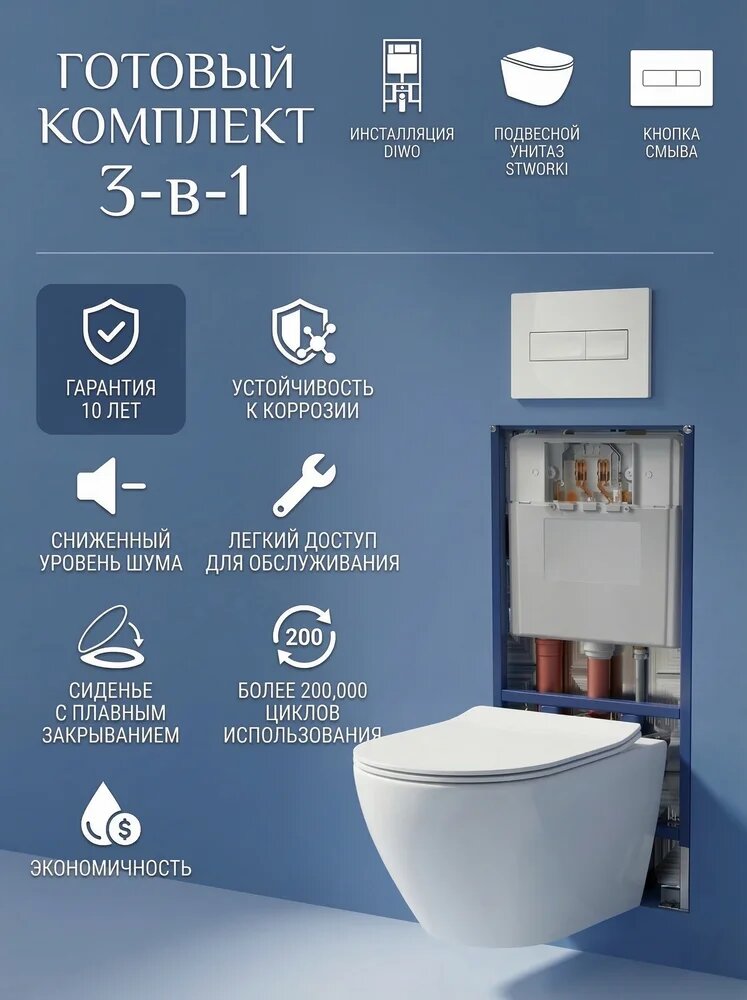 Инсталляция с унитазом комплект 3 в 1 Унитаз подвесной STWORKI Левангер S07401WH безободковый, смыв Торнадо, с микролифтом, антивсплеск / Инсталляция DIWO 4501 / Кнопка 7320 цвет глянцевый белый