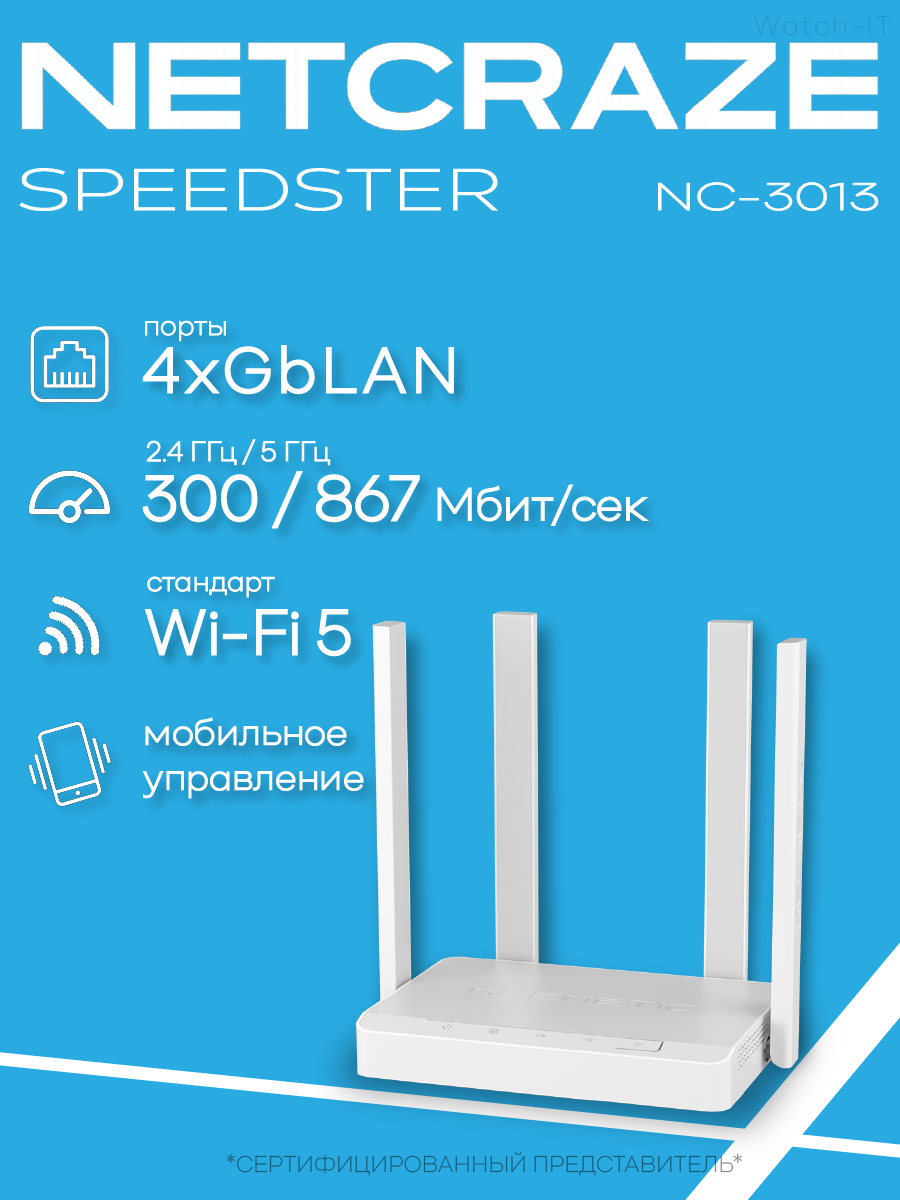 Роутер Netcraze NC-3013, Mesh Wi-Fi, 5GHZ, 867Mbps, 128MB RAM, 4 антенны