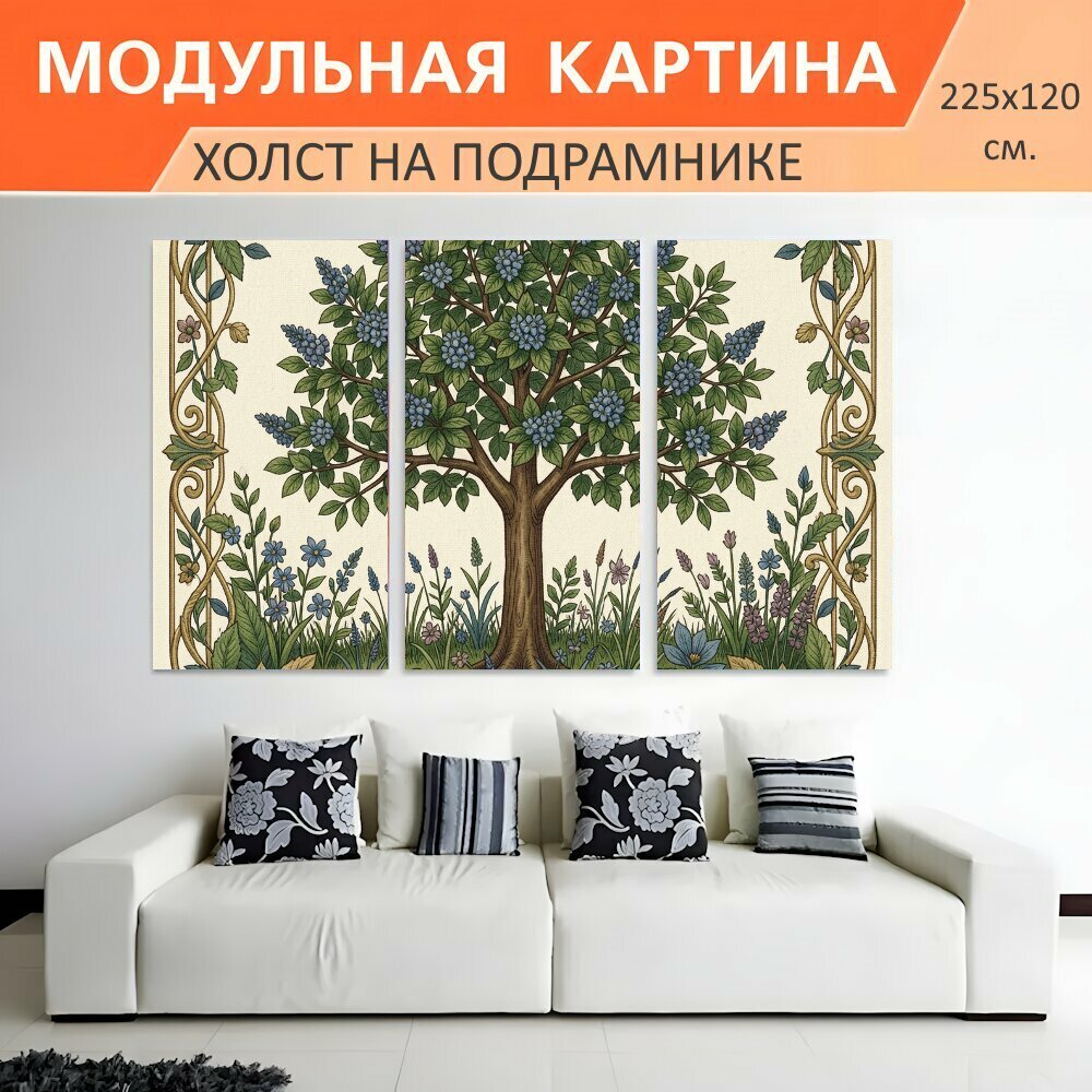 Модульная картина на холсте "Цветущее дерево в орнаментальной рамке. Декоративная ботаническая композиция с раскидистым стволом." триптих на подрамнике 225х120 см. для интерьера