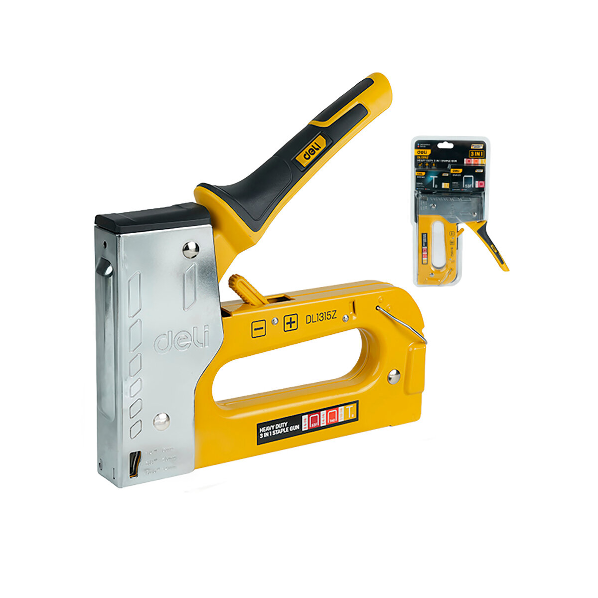 Степлер Deli Мебельный степлер Deli DL1313B 4-в-1 || используемые типы скоб 53F/140/28/гвозди/шпильки, в комплекте по 200 шт тип 53F/28/гвозди/шпильки, с регулировкой удара уц-2-1