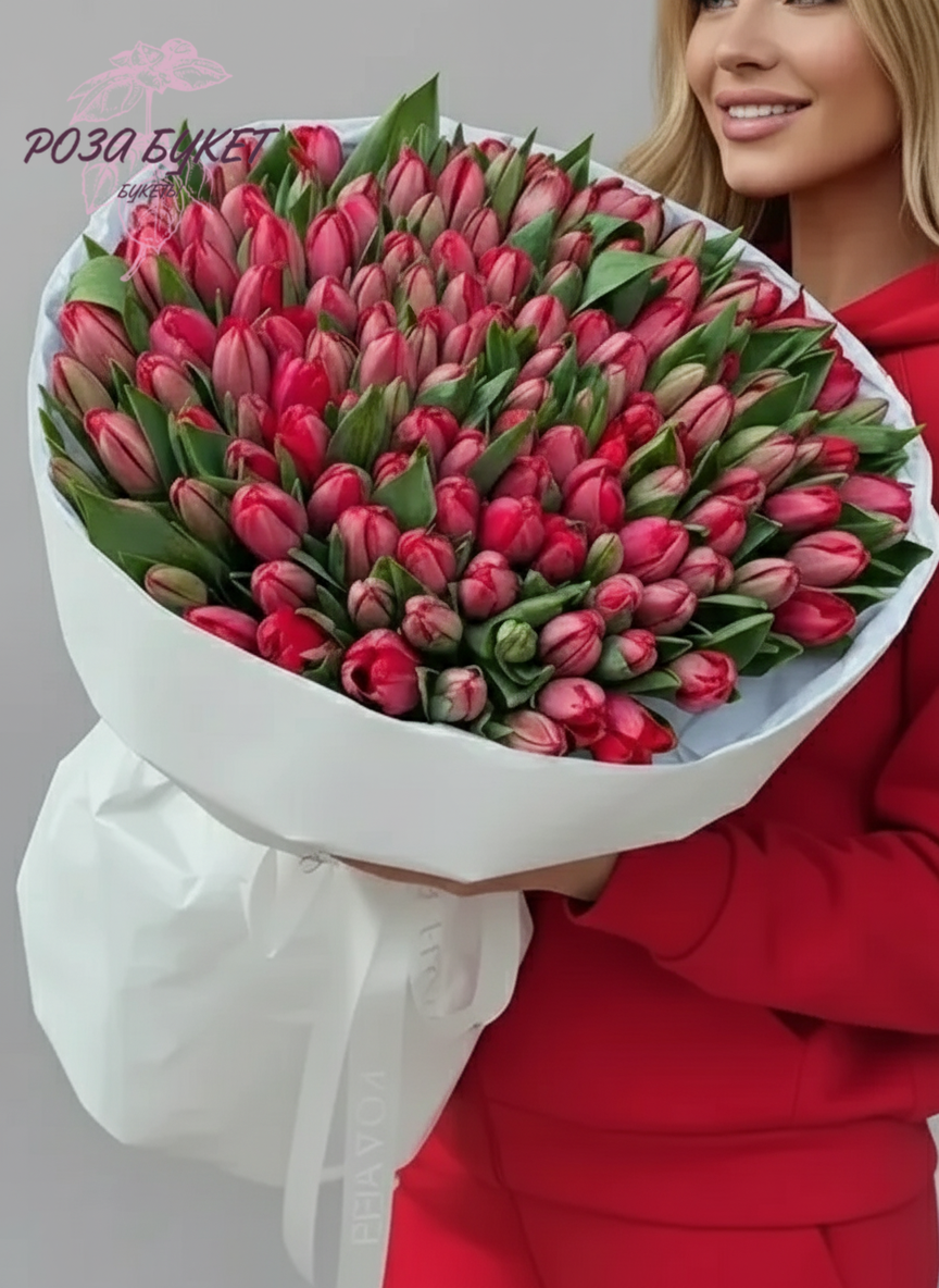 Букет цветов, Букет из красных тюльпанов, 101 шт. Тюльпаны, Красивый букет цветов, Премиум букет, долгий букет