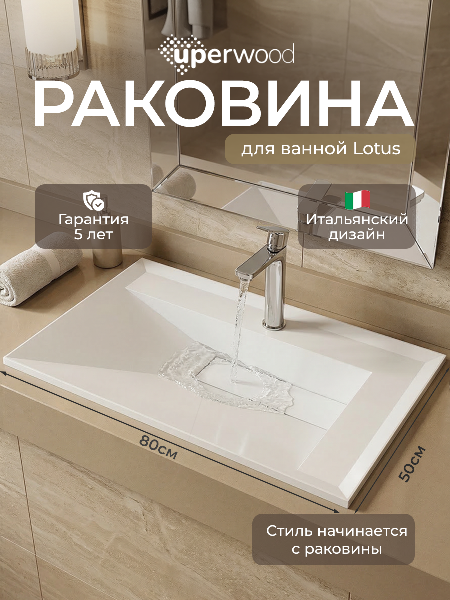 Раковина кварцевая для ванной Uperwood Lotus Quartz, 80х50х13 см, белая матовая, жасмин