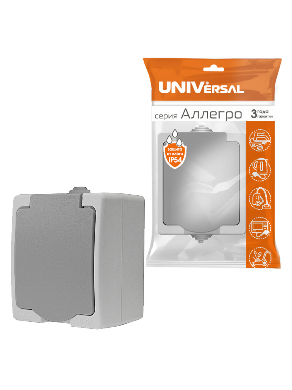 Розетка UNIVersal Аллегро 1282 открытой установки с заземлением и крышкой, 16 А, IP54, серая, 1 гнездо, пластик.