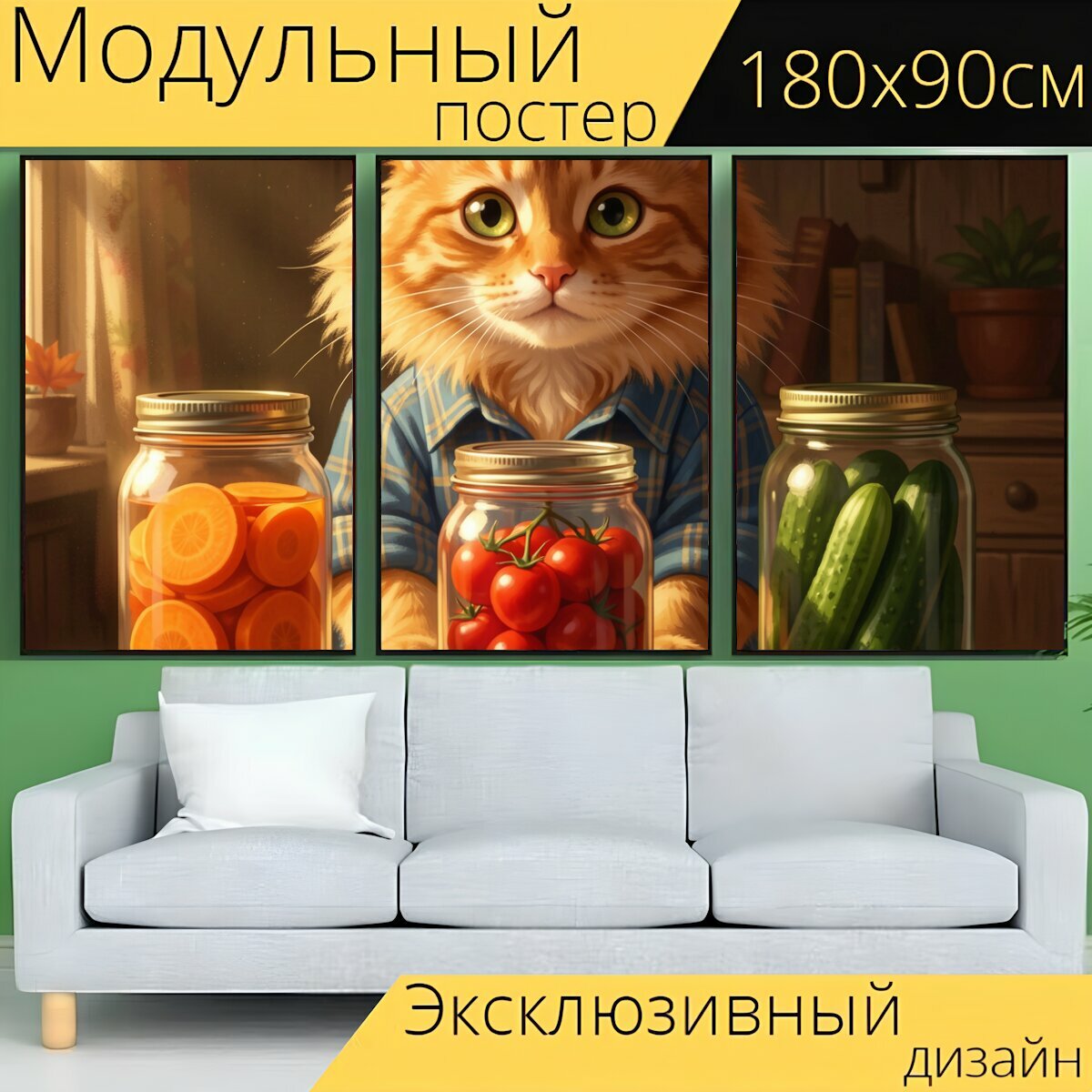Модульный постер "Рыжий кот с банками овощей. Пушистый полосатый питомец в синей рубашке сидит за деревянным столом на уютной кухне." 180 x 90 см. для интерьера на стену в тубусе